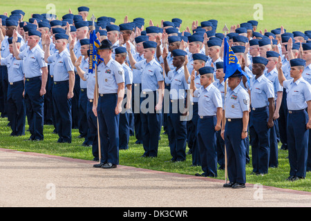 Flight of airmen in dress blues marching during United States Air Force ...
