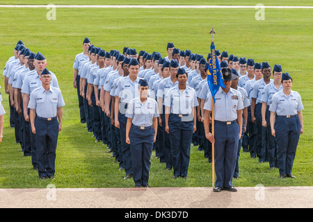 Flight of airmen in dress blues marching during United States Air Force ...