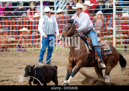 a cowboy competes in the tie-down roping event at a rodeo Stock Photo ...
