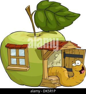 Green apple house and cute worm in the garden cartoon style on sky ...