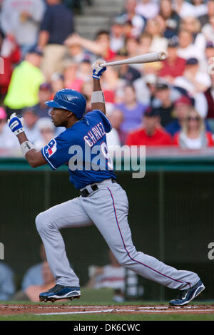 Texas Rangers' Endy Chavez, right, is greeted by manager Ron Washington ...