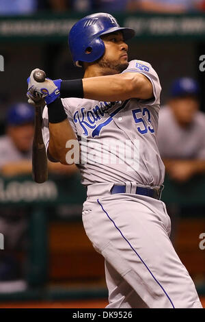 Kansas City Royals' Melky Cabrera (53) is met by teammates after ...