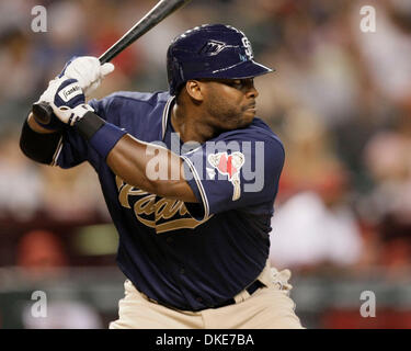 San Diego Padres center fielder Cameron Maybin, right, looks on as his ...