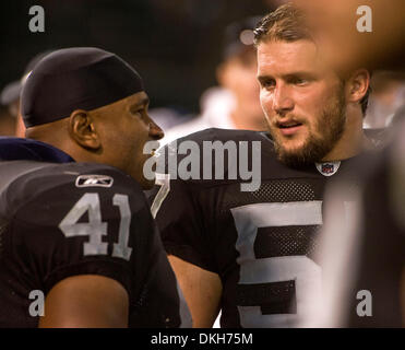 Oakland Raiders linebacker Ricky Brown (57) streches his keg during a ...