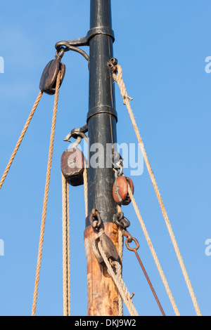 Maritime ships rope and the wooden bow of the historic steam tugboat ...