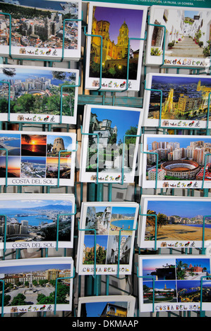 Colourful postcards in a rack, Malaga, Costa del Sol, Malaga Province ...