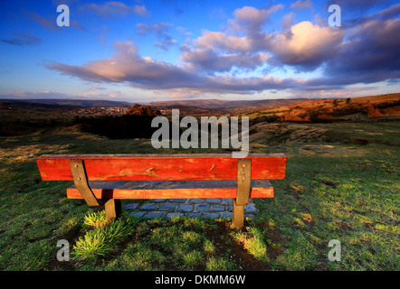 werneth low bench and view at sunset Stock Photo - Alamy