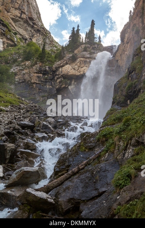 Landscape of Barskoon waterfall in Tien Shan mountains of Kirghizia ...