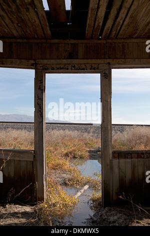 Interior of an abandoned dilapidated wooden shack house at Paragkes ...