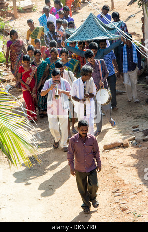 Hindu marriage procession through a rural indian village . Andhra ...