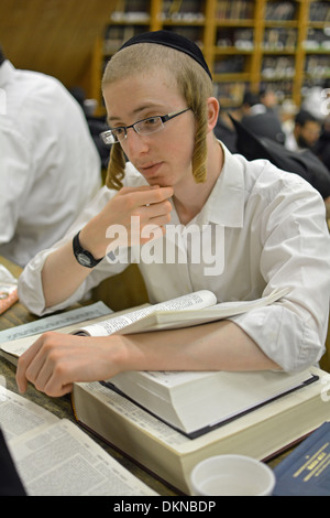 4 religious Jewish students studying Talmud at Lubavitch headquarters ...