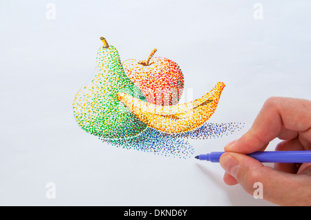 Man's hand drawing a still life using color markers. Pointillism ...