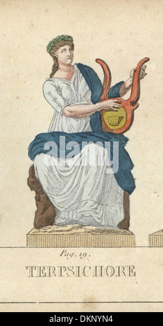 Terpsichore, Greek muse of dance, seated with lyre. Handcoloured ...