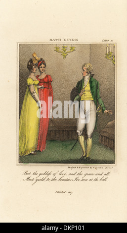 Regency gentleman and two elegant ladies with feather headdresses, fans ...
