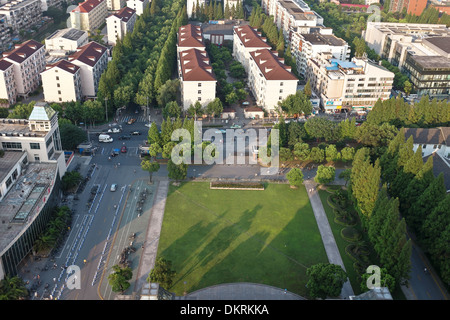 Aerial view of entrance gate to Fudan University campus from Guanghua ...