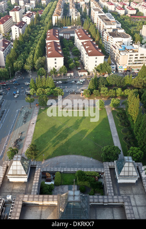Aerial view of entrance gate to Fudan University campus from Guanghua ...