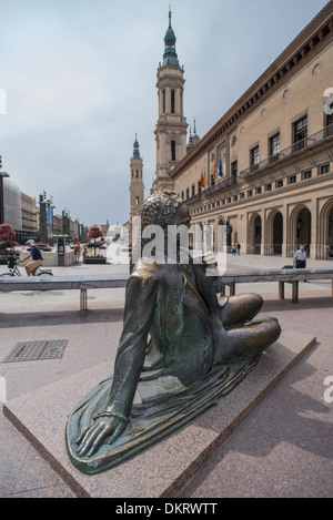 Goyesca sculpture detail at Pilar's Basilic square with Town hall ...