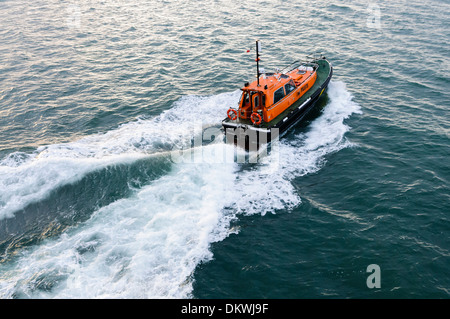 A pilot boat from above, used to transport harbour pilots out to or ...