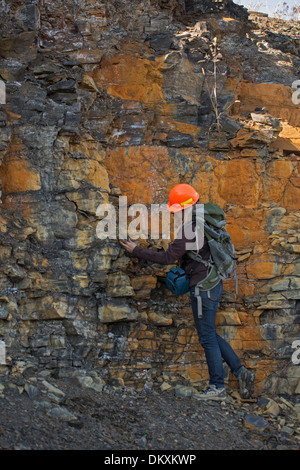 Female Geologist examining Marcellus shale, near Marcellus New York ...