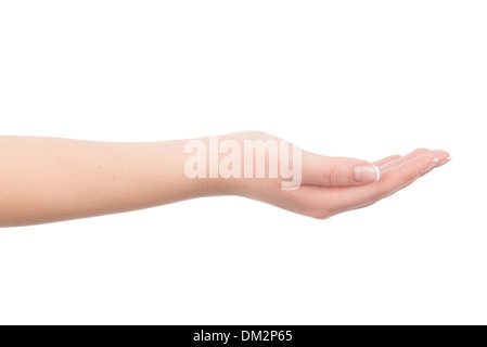 Hand holding something invisible isolated on white background. Female ...