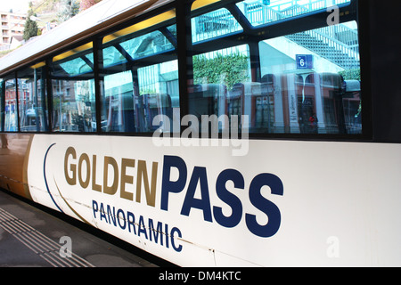 Golden Pass panoramic train in the station at Chateau d'Oex Switzerland ...