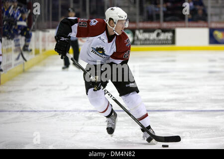 29 December 2009: Lake Erie Monsters Justin Mercier (43) is helped from ...