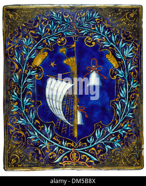 This armorial plaque features coats of arms and heraldic symbols, often ...