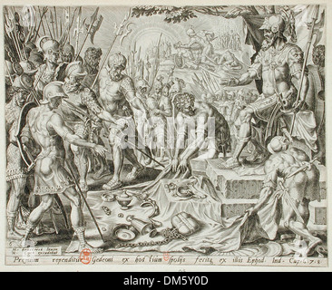 This artwork depicts the Biblical scene of Gideon selecting 300 ...