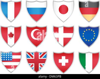 Set of 12 shields representing flags of 12 different countries Stock ...