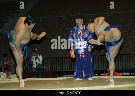 Oct 06, 2005; Las Vegas, NV, USA; Sumo wrestlers stretching before ...