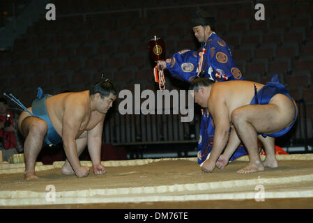 Oct 06, 2005; Las Vegas, NV, USA; Sumo wrestlers stretching before ...