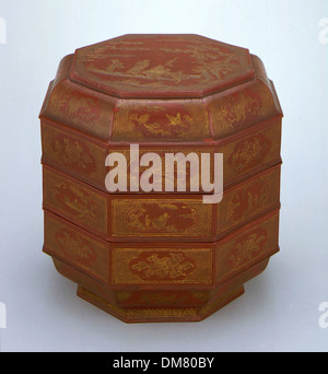 This octagonal food box, or Bajiao He, features figures in a pavilion ...