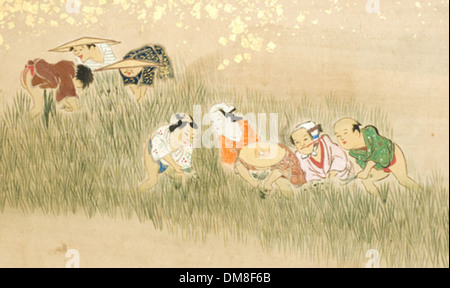 This artwork illustrates the process of rice cultivation across the ...