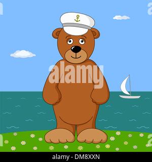 Cartoon captain on a ship sailing on the sea .He looks through his ...