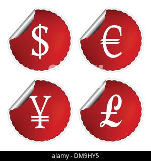 red labels with international currency symbols against white background ...