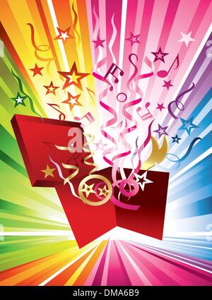 Green gift box is exploding with colorful confetti and ribbon Stock ...