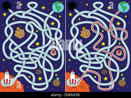 Space labyrinth maze game for kids, puzzle or tabletop vector boardgame ...