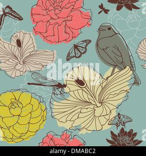 vector seamless cute gentle butterfly pattern with tropical flowers ...