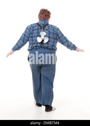 Overweight obese young man standing with his back arched and arms ...