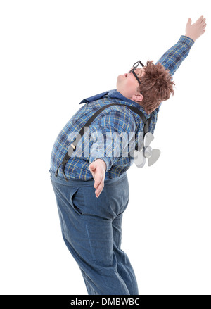 Overweight obese young man standing with his back arched and arms ...