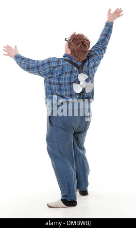 Overweight obese young man standing with his back arched and arms ...
