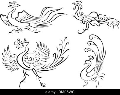 Line art drawing illustration of a phoenix, a mythological bird that ...