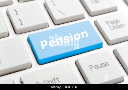 Modern computer keyboard with word Pension on button, closeup view ...