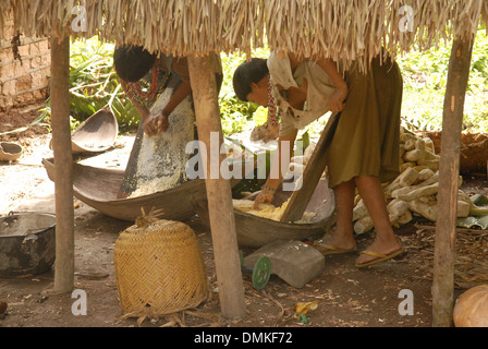 Two Hoti women milling cassava root Stock Photo - Alamy