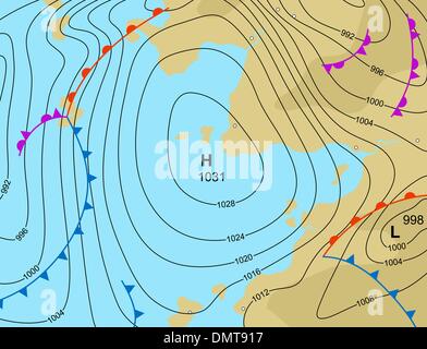 Forecast weather isobar map, meteorology wind front and temperature ...