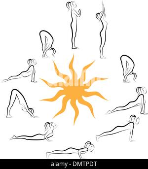 Sun Salutation Yoga Asana, Surya Namaskar, a sequence. Stick figure ...