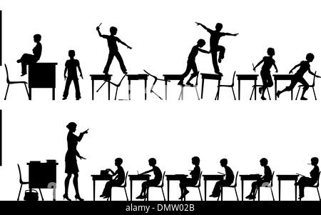 Editable vector silhouettes of two classroom scenes with all elements ...