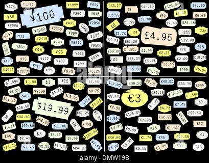Set of basic price stickers in dollars, sterling, euros and yen Stock ...