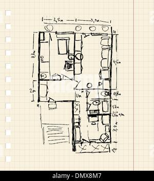 Floor plan, flat blueprint with pencil glyph icon. Apartment layout ...