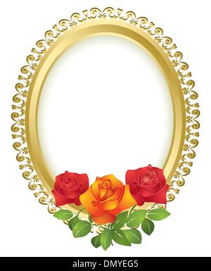 red Oval banner with gold frame decorated with gold and red roses on ...
